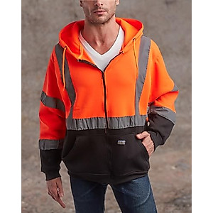 Bass Creek Outfitters Men's Fleece Zip Up Hoodie Sweatshirt - ANSI/ISEA Class 3 High Visibility Safety Workwear (M-2XL), Size X-Large, High Vis Orange