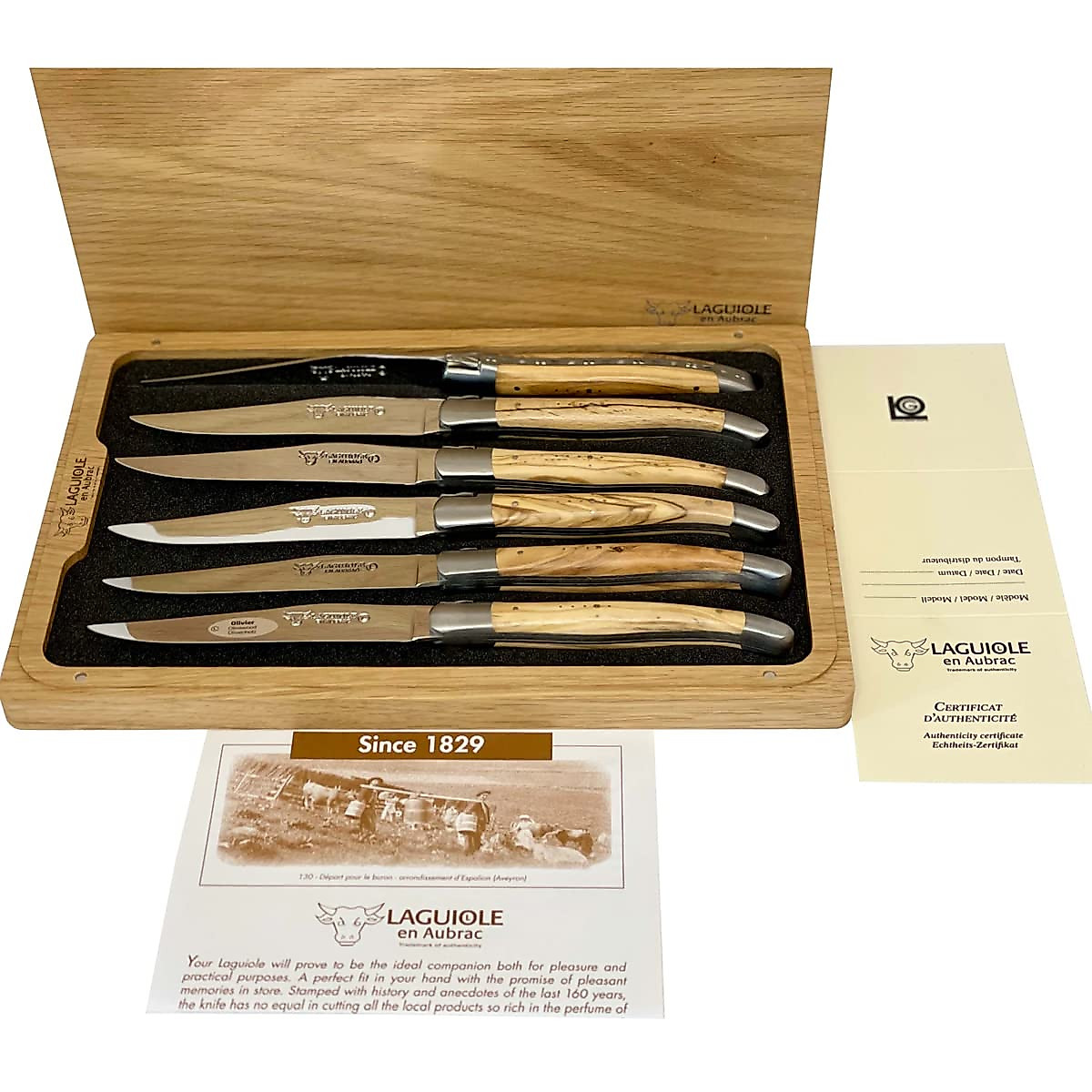 Laguiole en Aubrac Luxury Fully Forged Full Tang Stainless Steel Steak Knives 6-Piece Set with Olivewood Handle, Stainless Steel Matte Bolsters