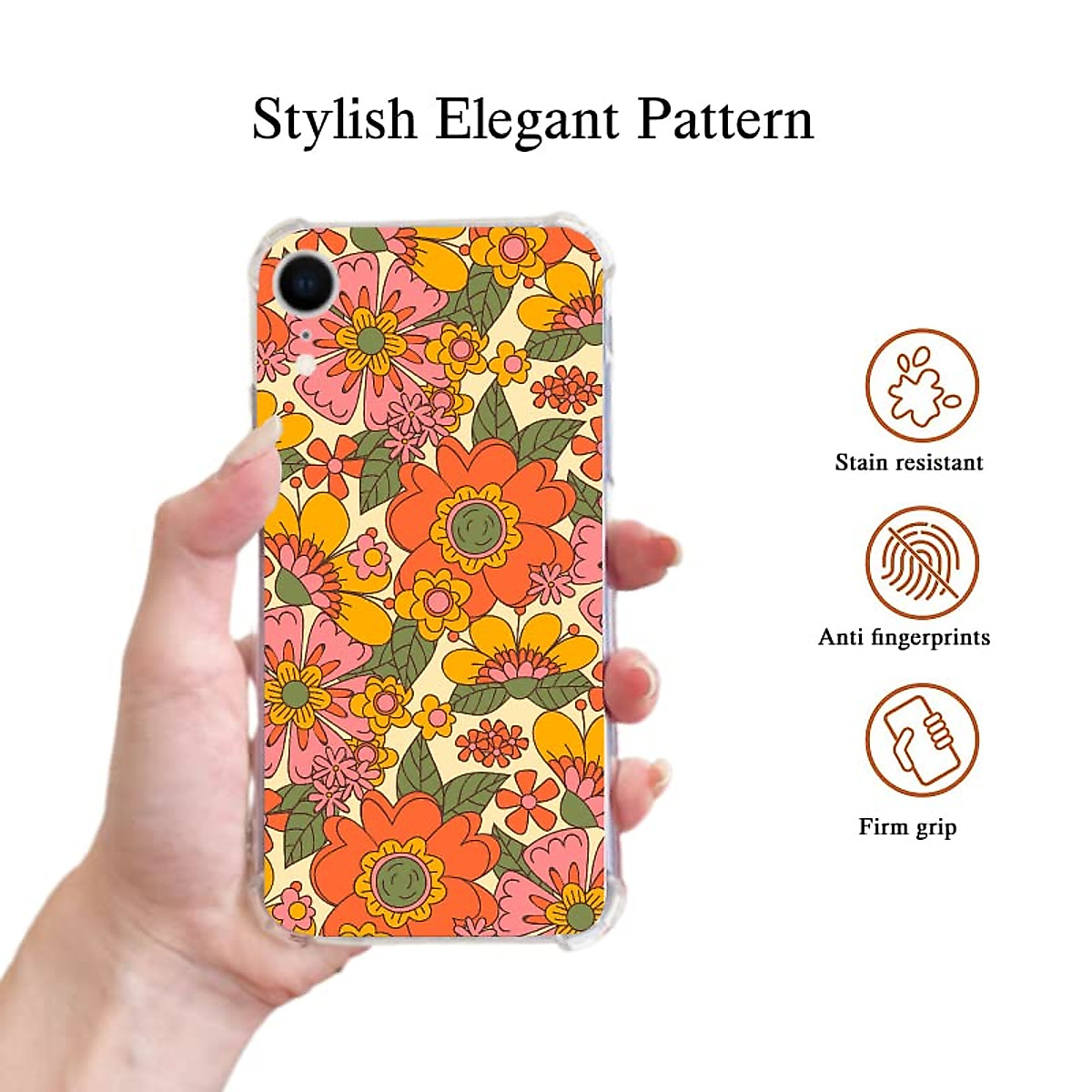 Veakgpligo Retro 70s Flowers Case Compatible with iphone XR, Hippie Vintage Orange Yellow Flowers Case for Girl Women Men,Unique Soft TPU Bumper Case Cover