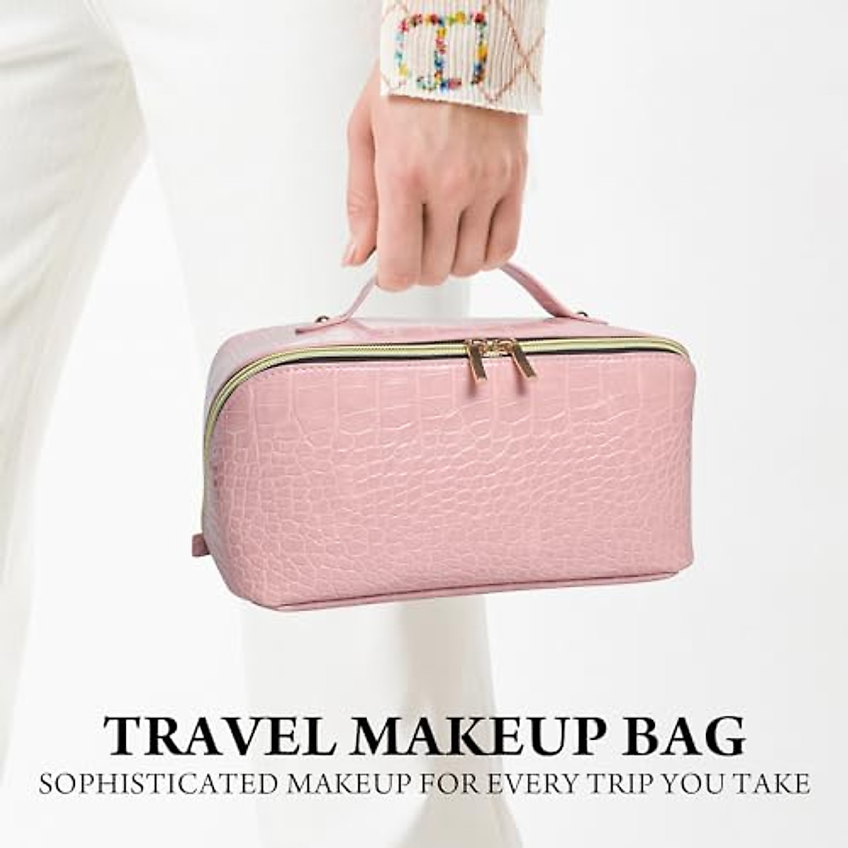 Sanshisi Travel Makeup Bag, Waterproof Leather Portable Cosmetic Travel Bag for Women Large Capacity Cosmetic Organizer Pouch with Compartments and Handle, Pink