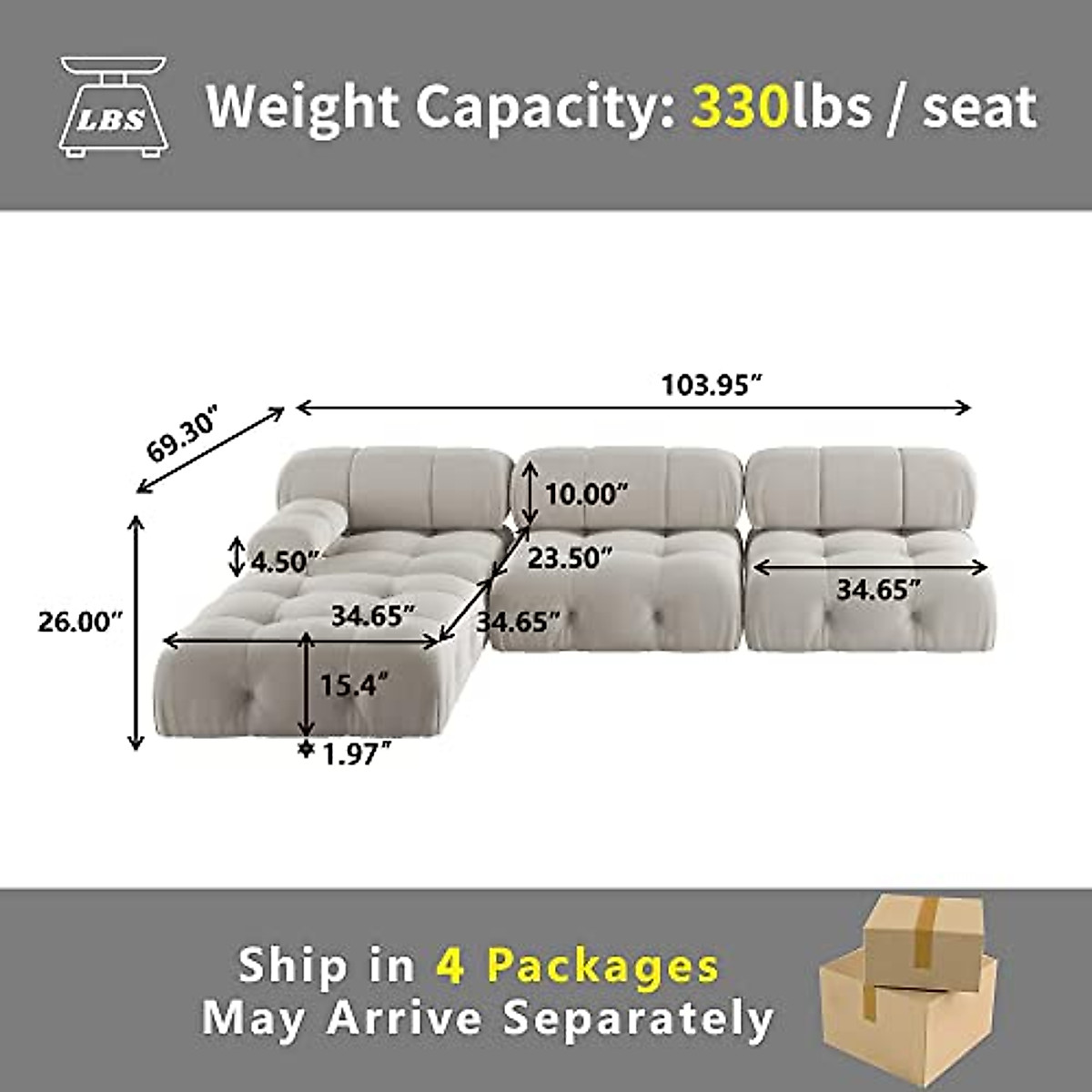 MGH Convertible Modular Minimalist Sofa with Ottomans, L-Shaped Velvet Sectional Couches, 4-Seat Sofa with Reversible Chaise for Living Room (Beige)