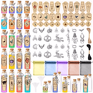 AwserTantue 71Pcs Christmas Mini Potion Bottles Decorations Set, Apothecary Bottles with Horror Stickers Pendants and Organza Bags for Winter Party Home Classroom Decor Witch Theme Party Supplies