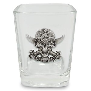 Indiana Metal Craft US MARINE CORPS Shot Glass with Pewter 3D Skull with Knives emblem MADE IN USA