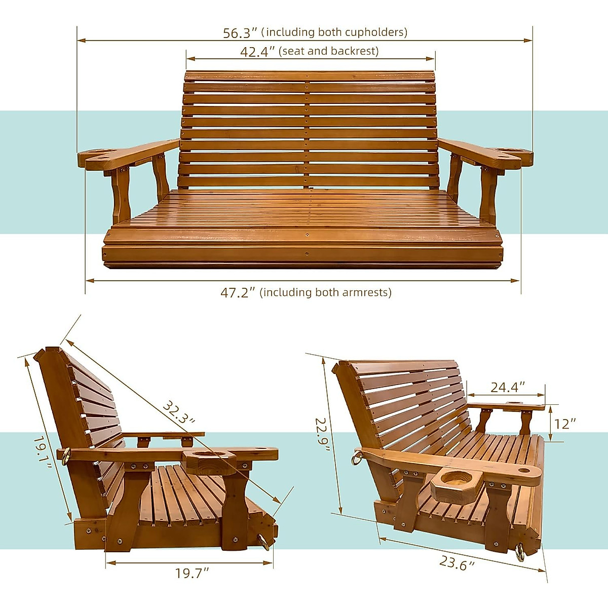 Wooden Porch Swing 2-Seater, Bench Swing with Cupholders, Hanging Chains and 7mm Springs, Heavy Duty 880 LBS, for Outdoor Patio Garden (Teak Tone, 4 FT Extra Large)