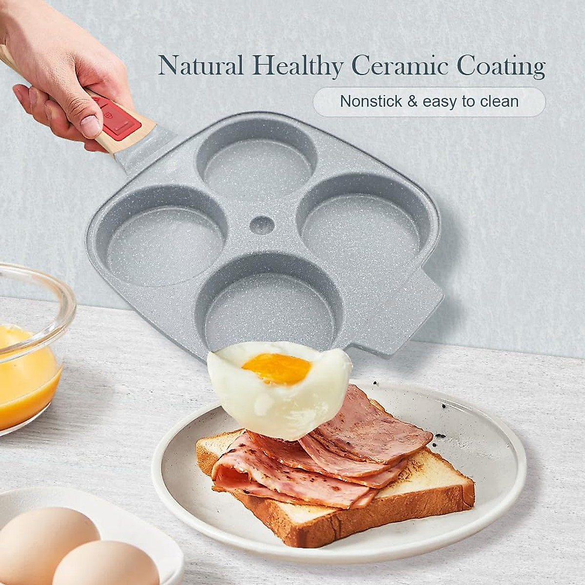 RANXINGST Ceramic Egg Frying Pan with Lid, Nonstick 4 Cup Fried Egg Pan with Detachable Handle, Omelette Pan Induction Compatible - Blue