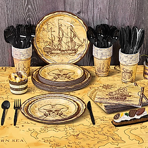 Durony 169-Piece Pirate Tableware Set - Pirate & Treasure Theme Birthday Party Supplies - Plastic Tablecloth, Plates, Napkins, Cups & Favors - Treasure Map Decors