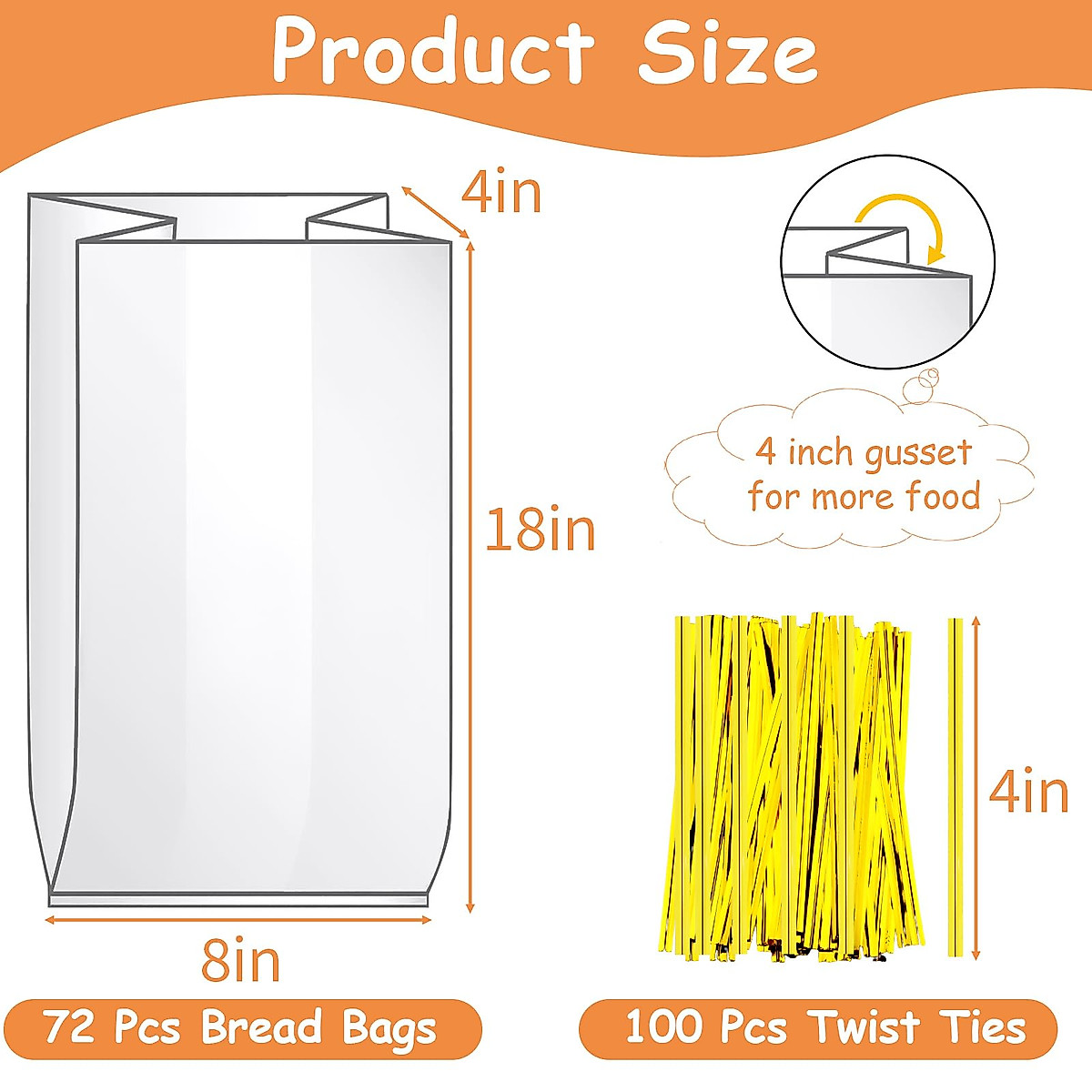 Bread Bags with Ties, 72 Pack Clear Bread Bags for Homemade Bread and 100 Ties, Adjustable Reusable Plastic Bread Bags, Bread Loaf Bags for Home Bakers and Bakery Owners