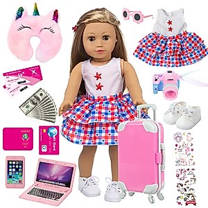 ZQDOLL American 18 inch Doll Clothes and Accessories - Doll Travel Suitcase Play Set Including Suitcase Doll Clothes, Shoes, Sunglasses, Camera, Unicorn Pillow, for 18 inch Doll(No Doll)