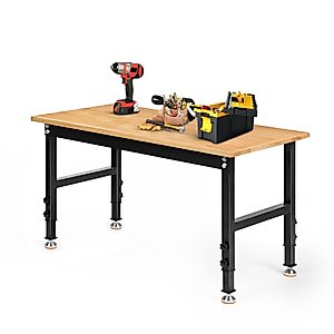 Betterhood 48" Heavy-Duty Adjustable Workbench for Garage, Rubber Wood Shop Table W/Rubber Pads, Hardwood Workstation Weight Capacity Over 2000 Lbs