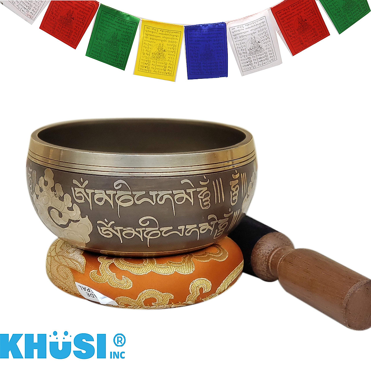 Khusi 4.5 Inch Tibetan Singing Bowl Set, Handmade, Decorative Chakra Bowl for Mindfulness, Wisdom Eye Mantra Engraved, Comes w/Silk Cushion, Leather Mallet and Carry Pouch