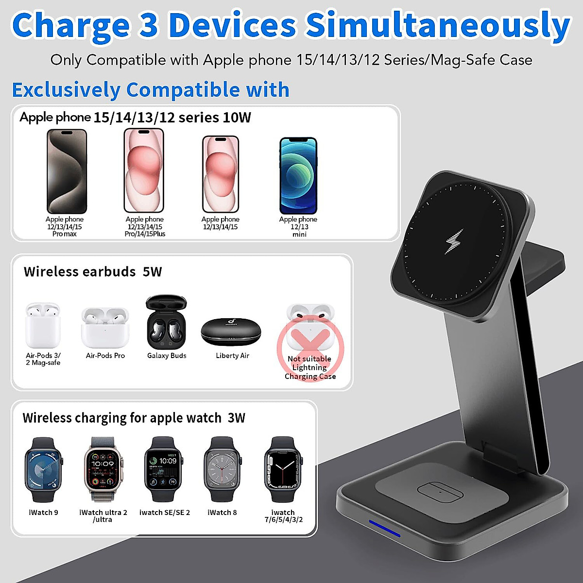 3 in 1 Magnetic Wireless Charger,Foldable Mag-Safe Wireless Charging Station for Apple Watch Series 9/Ultra 2/8/7/SE/SE2,Apple 15 Pro Max/15/14/13,Air-Pods 3/Pro/2 Mag Safe Charger Stand Dock(Black)