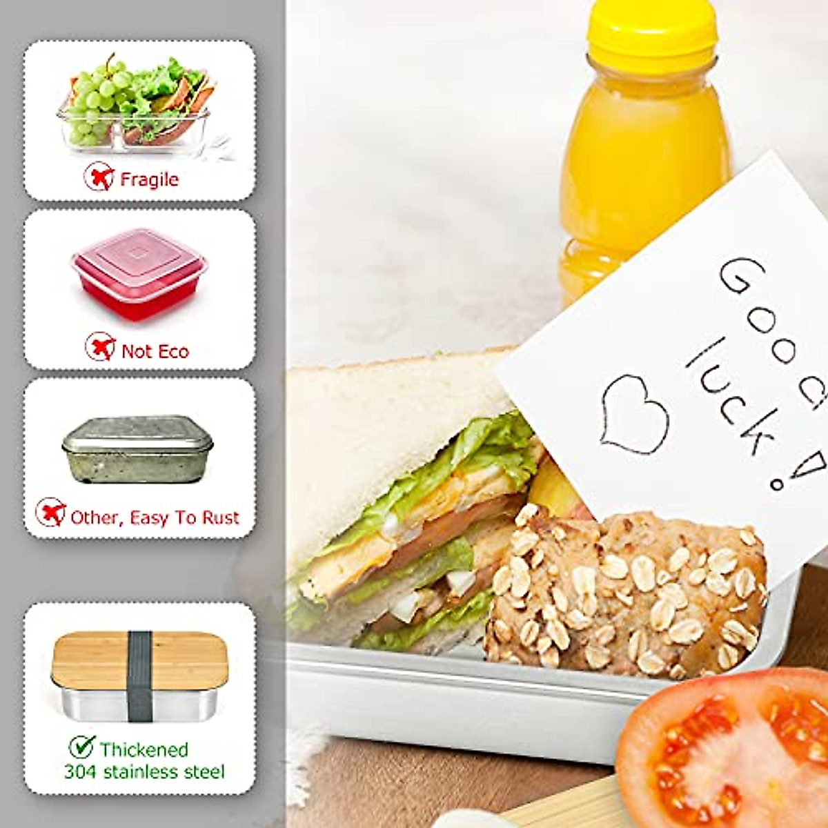 Stainless Steel Bento Lunch Box Japanese Bento Box Extra Small Bamboo Lunch Box Stainless Steel Snack Containers Food for Kids Toddler Metal Lunch Containers for School,Work,Rectangle 15.2oz/450ml