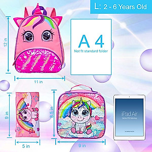 KLFVB 3PCS Toddler Backpack for Girls, 12” Cute Unicorn Preschool Bookbag and Lunch Box, Cute Kids Little Sequin Schoolbag