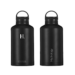 H2 HYDROLOGY Water Bottle - 18 oz, 22 oz, 32 oz, 40 oz, or 64 oz with 3 LIDS Double Wall Vacuum Insulated Stainless Steel Wide Mouth Sports Hot & Cold Thermos (64 oz, Black)