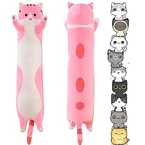 Handytoolinc Soft Cat Plush Pillow Long Stuffed Animals Sleeping Pillow Cotton Kitten Pillow Cute Long Body Pillow Gift for Kids Girlfriend (19.7inch/50cm,Pink)