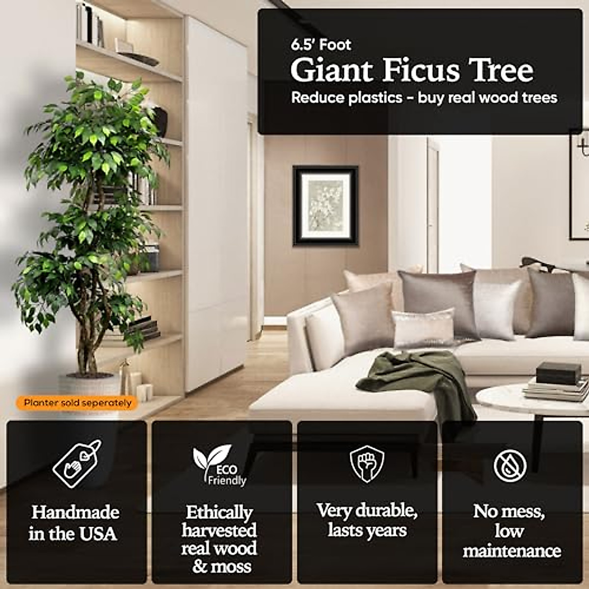 Hand-Made 6.5' Ficus Artificial Tree with Ethically Sourced Real Wood Trunks | Green | Cypress & Alabaster