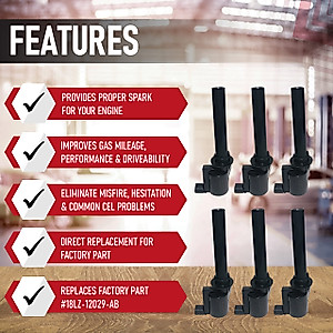Ignition Coil Pack Set of 6 - Compatible with Ford, Mazda, Mercury 3.0L V6 Models - Replaces 18LZ-12029-AB, 18LZ-12029-AA, 2M2Z-12029-AC, DG500, DG513 - Fits 01, 02, 2003, 2004, 2005 Escape, Taurus
