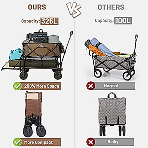 TIMBER RIDGE Folding Double Decker Wagon, Heavy Duty Collapsible Wagon Cart with 54" Lower Decker, All-Terrain Big Wheels for Camping, Sports, Shopping, Garden and Beach, Support Up to 225lbs, Brown