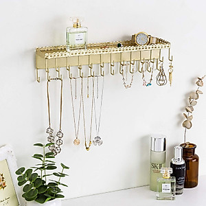 MyGift 26-Hook Gold-Tone Wall-Mounted Metal Jewelry Organizer with Display Shelf