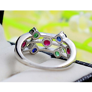 Natural Ruby Emerald Sapphire Mix Gemstone 4 MM Round Cut 925 Sterling Silver Cluster Unisex Proposal Ring For Christmas Gift (Rhodium Plated Silver, 11)
