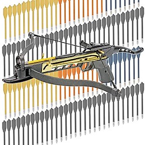 KingsArchery Pistol Crossbow Self-Cocking 80 LBS with Adjustable Sights, 3 Aluminium Arrow Bolts, and Bonus 120-pack of Colored PVC Arrow Bolts