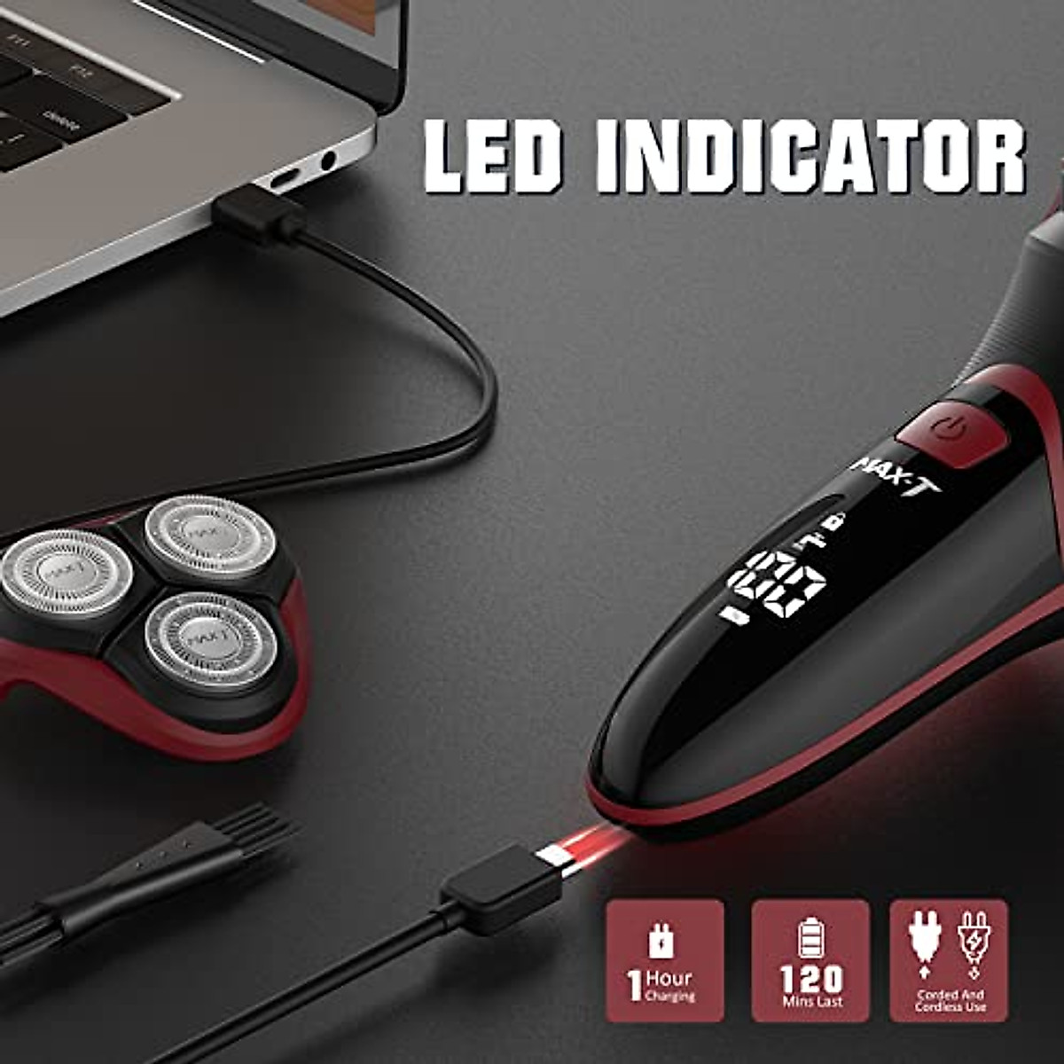 MAX-T Men's Electric Shaver - Corded and Cordless Rechargeable 3D Rotary Shaver Razor for Men with Pop-up Sideburn Trimmer Wet and Dry Painless 100-240V Red