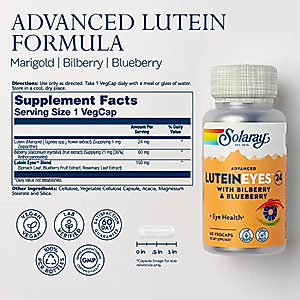 SOLARAY Advanced Lutein Eyes 24mg with Bilberry Extract and Blueberry Extract, Eye & Macular Health Support Supplement Supplying Zeaxanthin from Marigold, Vegan (60 Servings, 60 VegCaps)