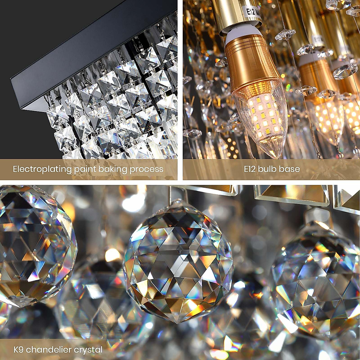 7PM Rectangle K9 Crystal Chandelier Modern Rectangular Pendant Lighting Fixture for Dining Room Kitchen Island Bedroom Black L40 x W10 x H10