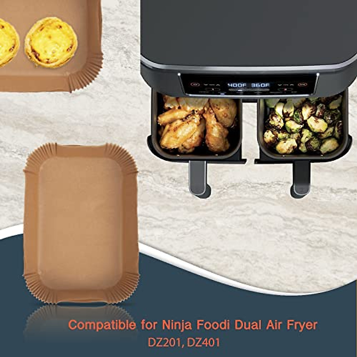 [3-Size] Air Fryer Disposable Paper Liner Rectangle Compatible with Ninja foodi Dual Air Fryer Toaster Oven, Non-stick Air Fryer Parchment Paper Baking Accessories (50Pcs - 8.7 Inch Rectangle)
