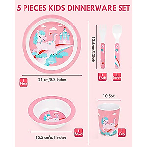 Lehoo Castle Kids Plates and Bowls Sets, 5 Piece Baby Feeding Set - Includes Plate, Bowl, Cup, Fork and Spoon Utensil Flatware, Kids Dinnerware Set for Kids, Toddlers (Unicorn)