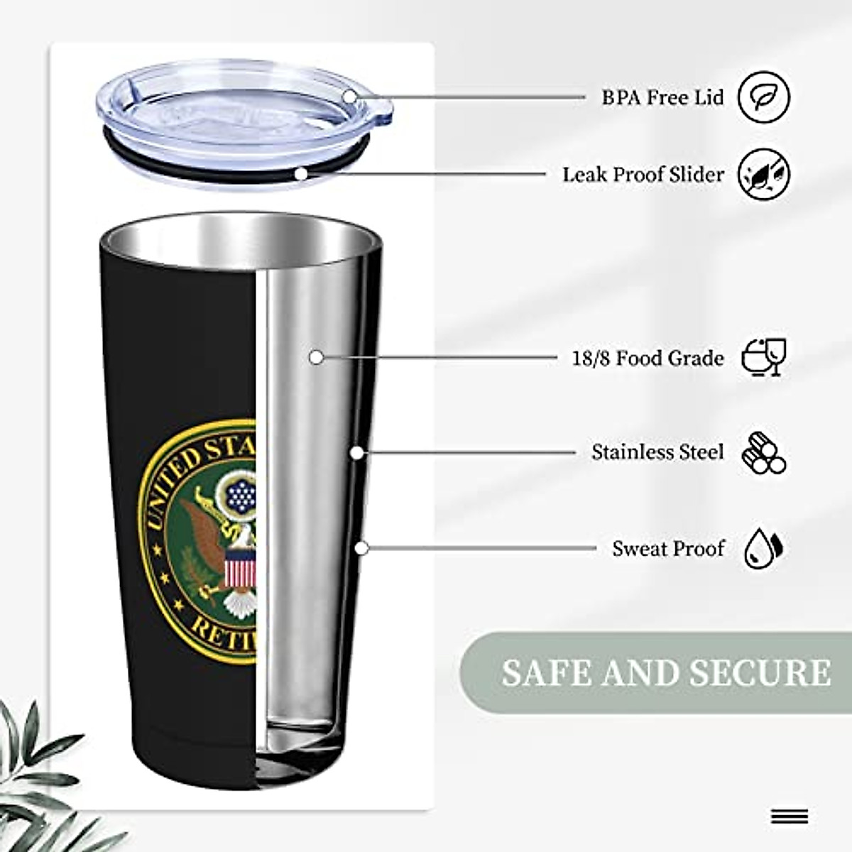 OSUKI Army Retired Car Cup Coffee Stainless Steel Straw Travel Mug Vacuum Insulated Keep Cold 20oz