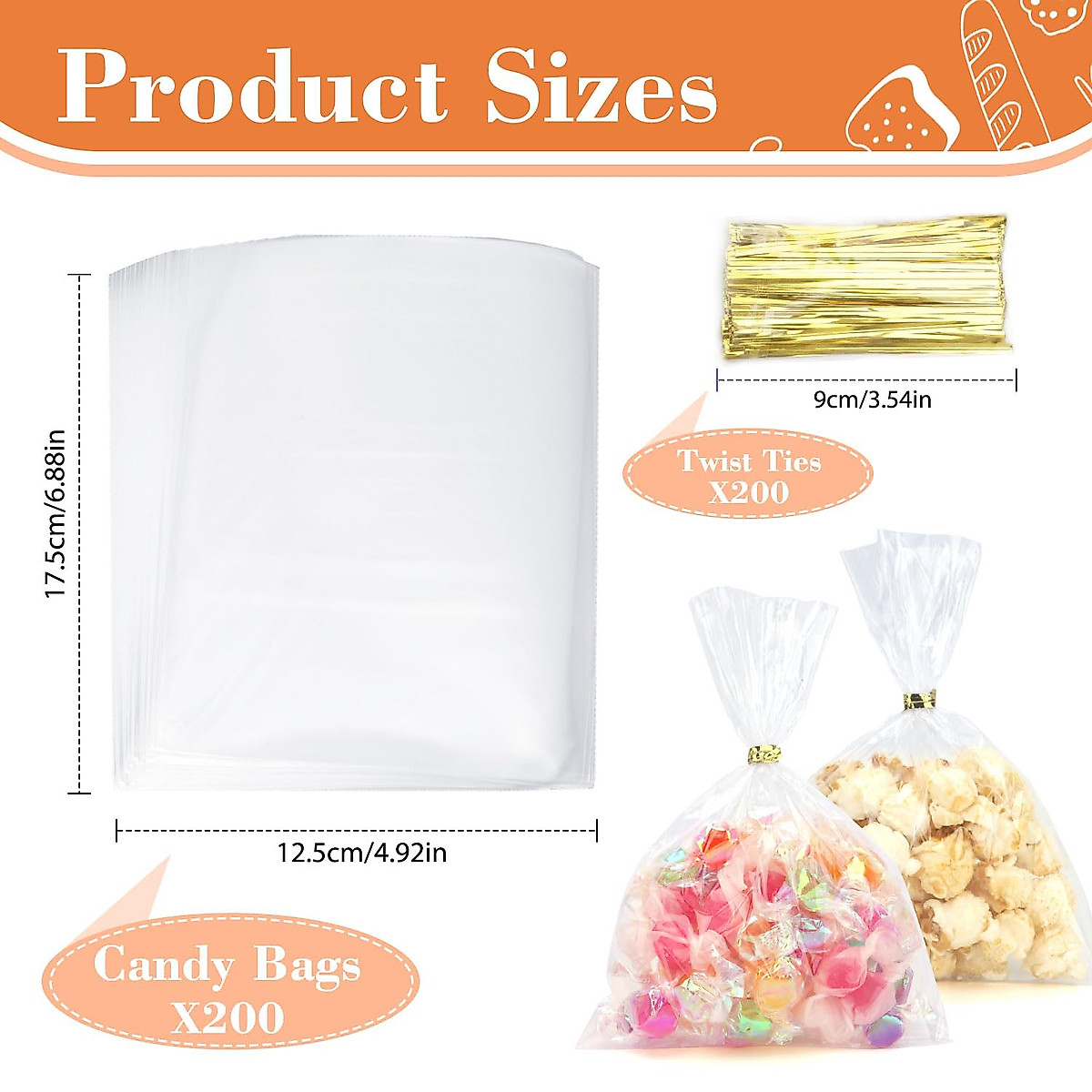 Clear Cellophane Bags, 200Pcs 5"x7" Cellophane Treat Bags, Flat Clear Gooide Treat Candy Bags with Twist Ties, Clear Plastic Gift Bags, Clear Party favor bags for Bakery Cookies Candies Dessert