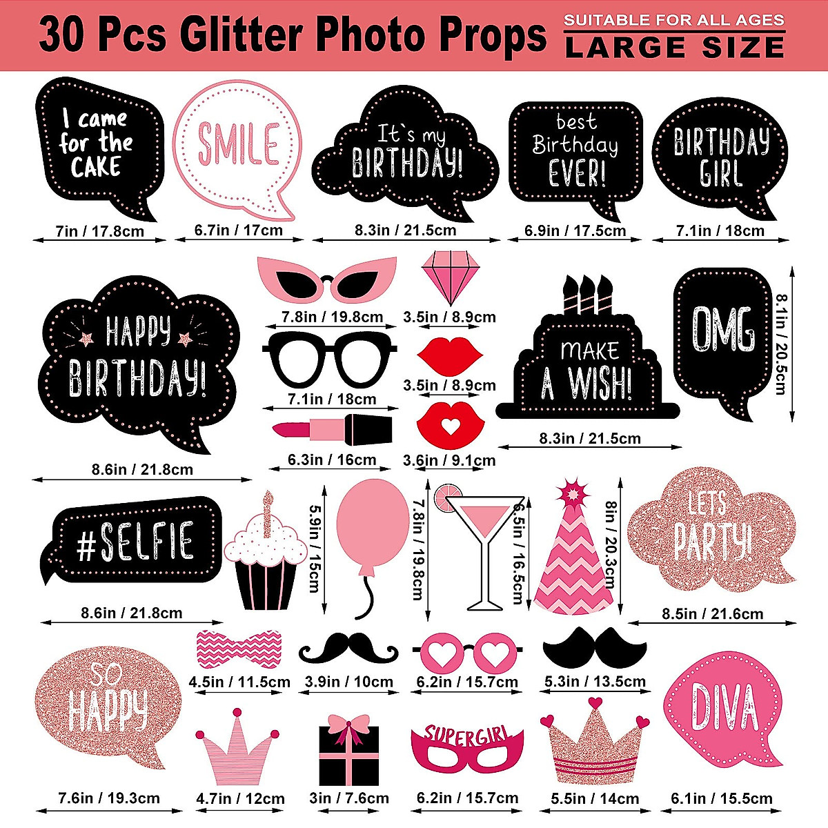 Birthday Photo Booth Props Kit - Happy Birthday Party Favors Supplies Bday Party Decoration Set with Real Glitter Cute Bday Designs for Women or Girls - Easy to Assemble 30 Pieces (Rose Gold)