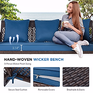 RYNSTO 3-Person Wicker Porch Swing with Adjustable Canopy, Outdoor Patio Swing with Stand, Cup Holder, Cushions, Pillow for Garden, Deck, Lawn, Back Yard (Blue)