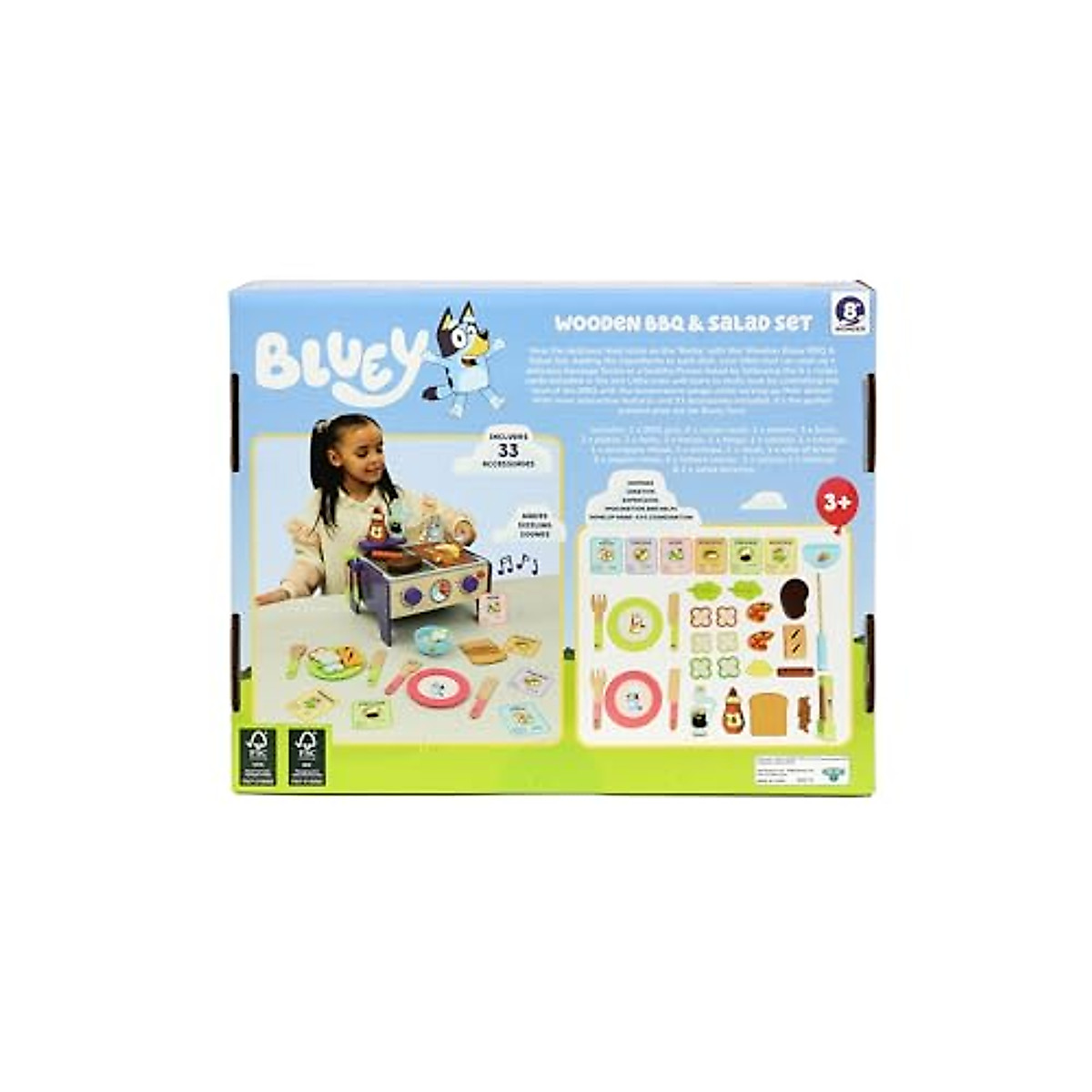 BLUEY – Wooden BBQ and Salad Set, 33-Piece Colorful Playset with Tongs and Food Pieces – Realistic Role-Play & Imaginative Fun for Ages 3 Years and Up, Medium