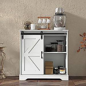 Panana Sliding Barn Door Buffet Sideboard Storage Cabinet Coffee Bar Kitchen Farmhouse Style (White Cabinet)