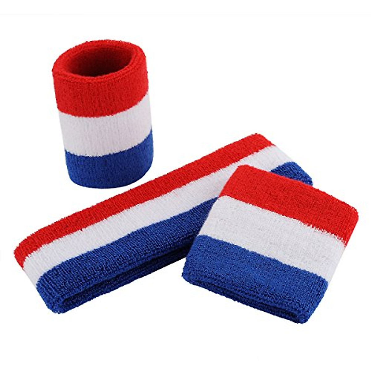 ONUPGO Sweatband Set Premium Sports Headband Wristband Set Sweatbands Terry Cloth Wristband Wrist Sweatband Headbands Moisture Wicking Sweat Absorbing Head Band Red/White/Blue