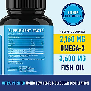 Triple Strength Omega 3 Fish Oil | 3600 mg EPA & DHA | Over 2100mg of Omega 3 Fatty Acids | 1300mg EPA + 860mg DHA | Best Essential Fatty Acids | Premium Burpless Softgel Supplements (120 Ct)