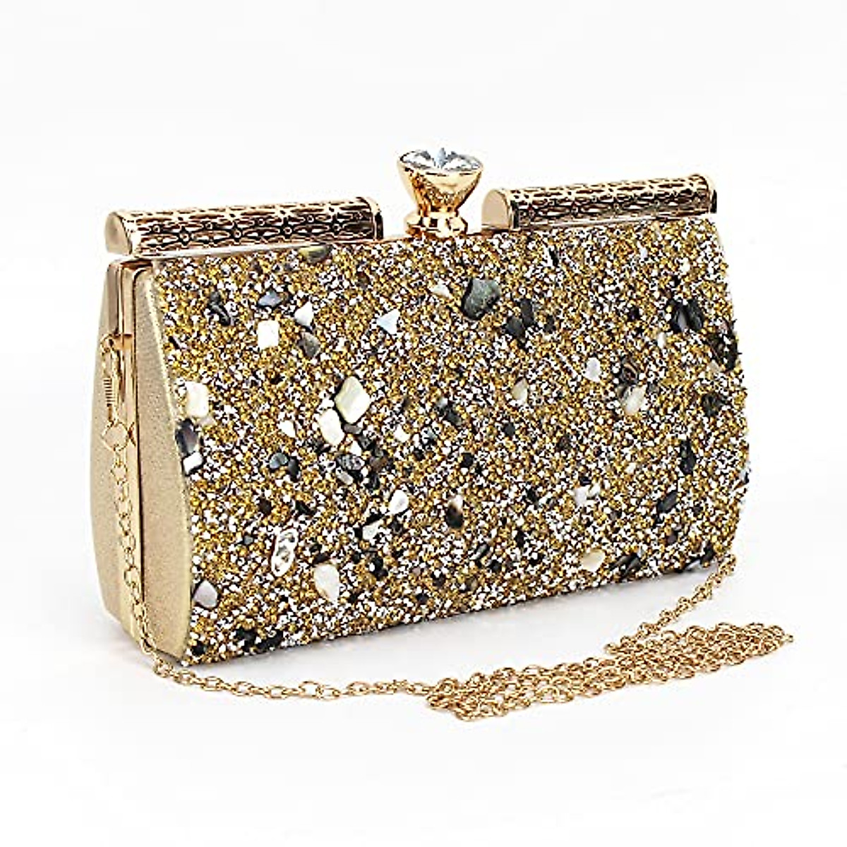 Quniko Chic Rhinestone Box Clutch Bling Evening Wedding Handbags Bridal Purse, Gold