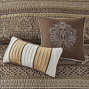 Madison Park Quilt Traditional Damask Design All Season, Lightweight Coverlet Bedspread Bedding Set, Matching Shams, Pillows, King/Cal King(104"x94"), Bellagio, Jacquard Brown/Gold 6 Piece (MP13-369)