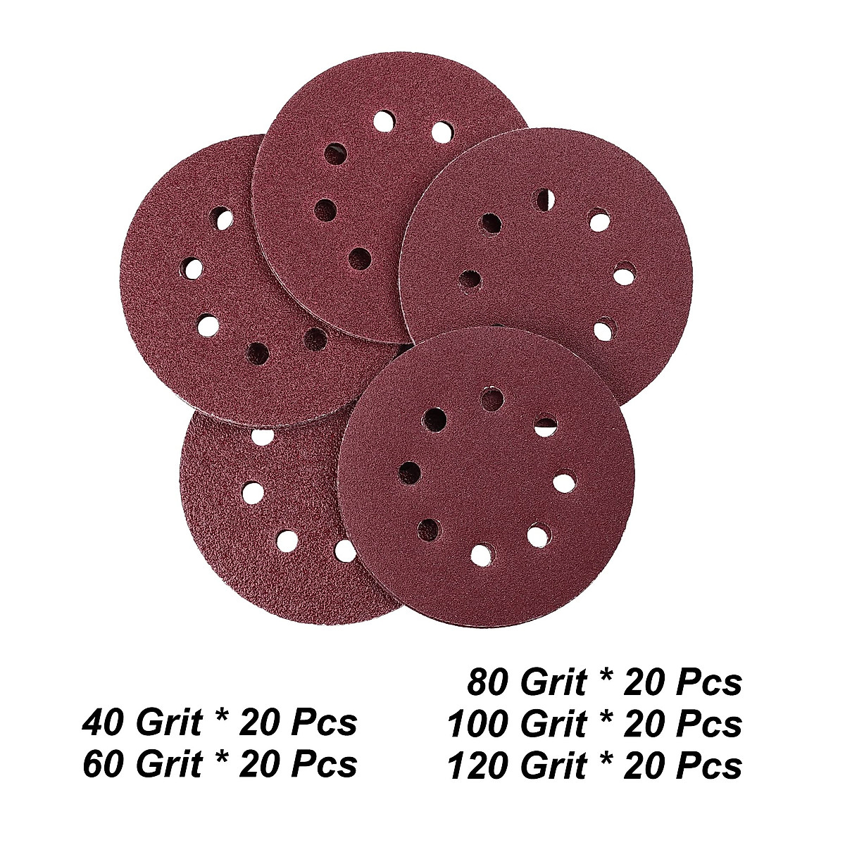 100PCS 5 Inch Sanding Discs 40 60 80 100 120 Rough Sanding Discs Loop 8 Holes Mount by Hook and Loop Sandpaper Orbital Sander(SD001)