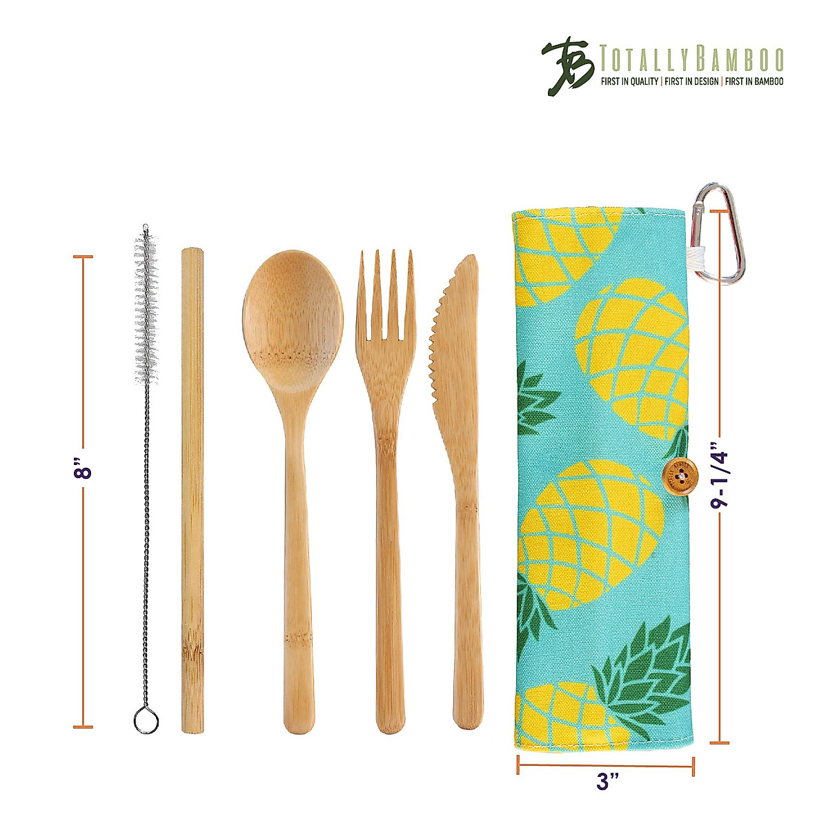 Totally Bamboo Take Along Reusable Bamboo Utensil Set with Straw, Dishwasher Safe, Pineapple Design