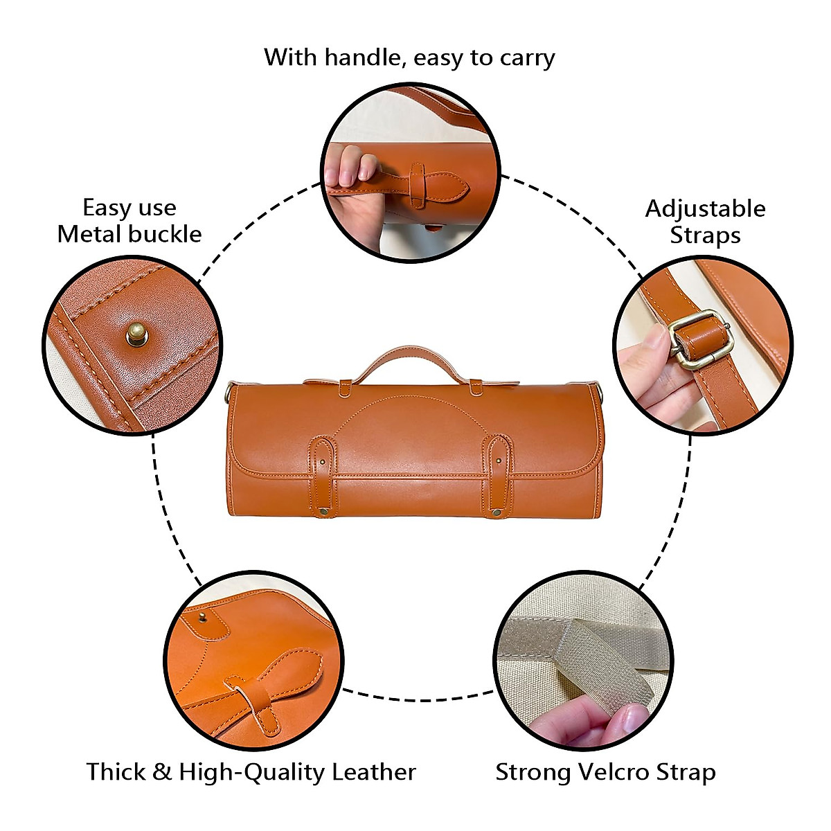 Begin Anywhere Premium Knife Roll Bag Convenient Storage and Protection for Your Chef Knives - Full Body Leather Made Ideal Knife Bag for Chefs, 10 Knife Slots and 1 Zipper Pocket