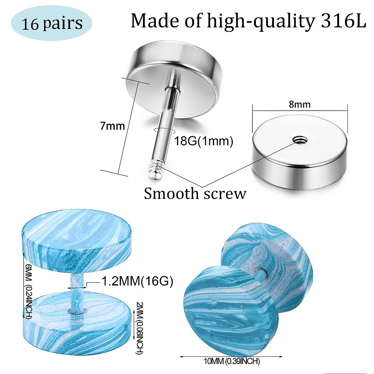 FIBO STEEL 16 Pairs Fake Gauge Earrings for Men Women Stainless Steel Stud Earrings Cheater Ear Plug Faux Gauges Earrings Ear Tunnel