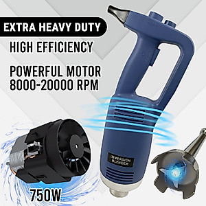 TK Tartle Kitchen Commercial Immersion Blender 750W Extra Heavy Duty, Stainless Steel, Variable Speed, 16 inch Shaft