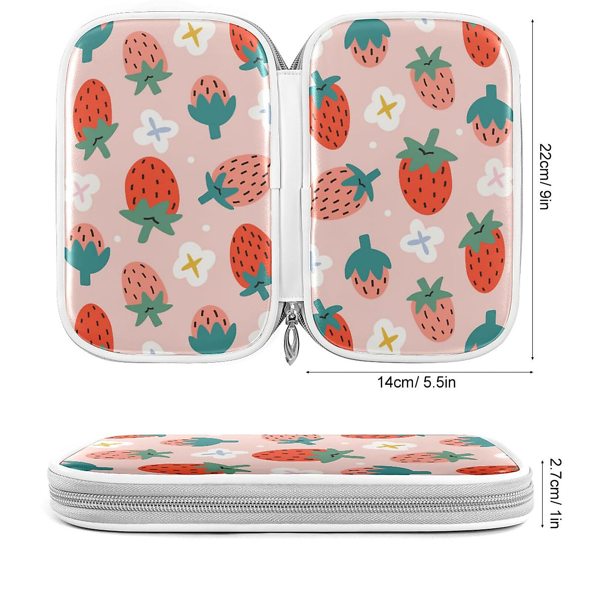 ZZKKO Strawberries Cute Pink Pencil Bag Case Zipper Pencil Holder Organizer Stationary Pen Bag Cosmetic Makeup Bag Pouch Purse for School Office Supplies