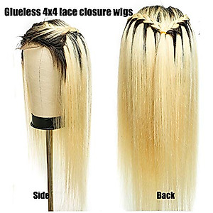 Ombre Blonde Lace Front Wigs 4x4 Closure Brazilian Human Hair #1B/613 Dark Roots Remy Hair Wig Pre Plucked Hairline Bleached Knots with Baby Hair Straight Long Colored Hair
