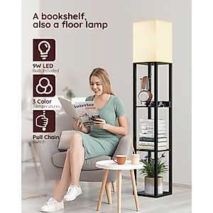 PAZZO Floor Lamp with Shelves, Shelf Floor Lamps by Real Solid Wood with 2 Charging Ports and 1 Power Outlet, Floor Lamps for Bedrooms, Lamps for Living Room, Matt Black