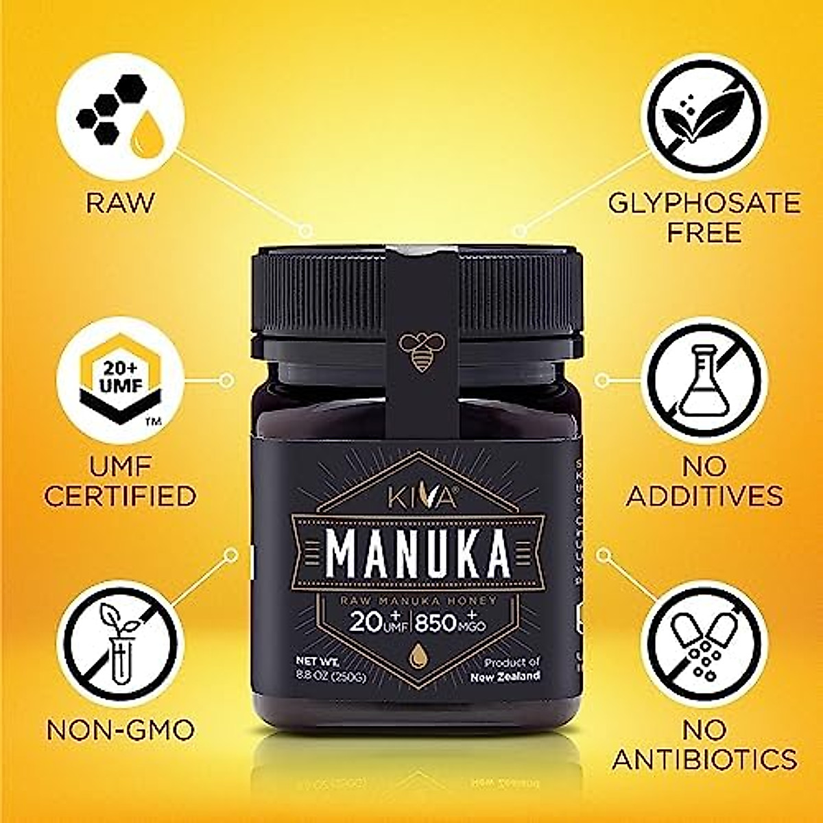 Kiva Raw Manuka Honey UMF 20+ | MGO 850+ | 100% Pure New Zealand Honey (8.8oz/250g BPA-Free Jar) | UMF and MGO Certified | GMO-Free | No Antibiotics | Traceable