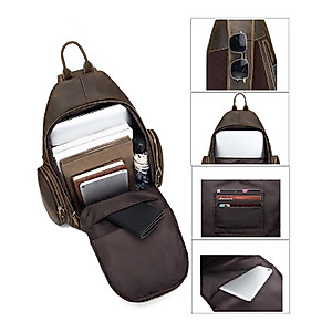 Taertii Full Grain Genuine Leather Sling Bag, Fits 14 inch Laptop, Travel Chest Crossbody Shoulder Sling Backpack Purse Daypack 17L - Brown